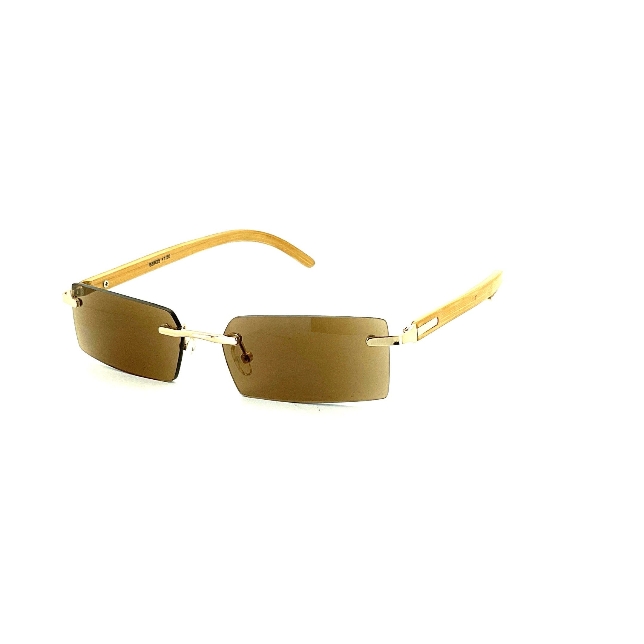 Rimless Fully Magnified Rectangular Frame Bamboo Sunglass Readers With ...